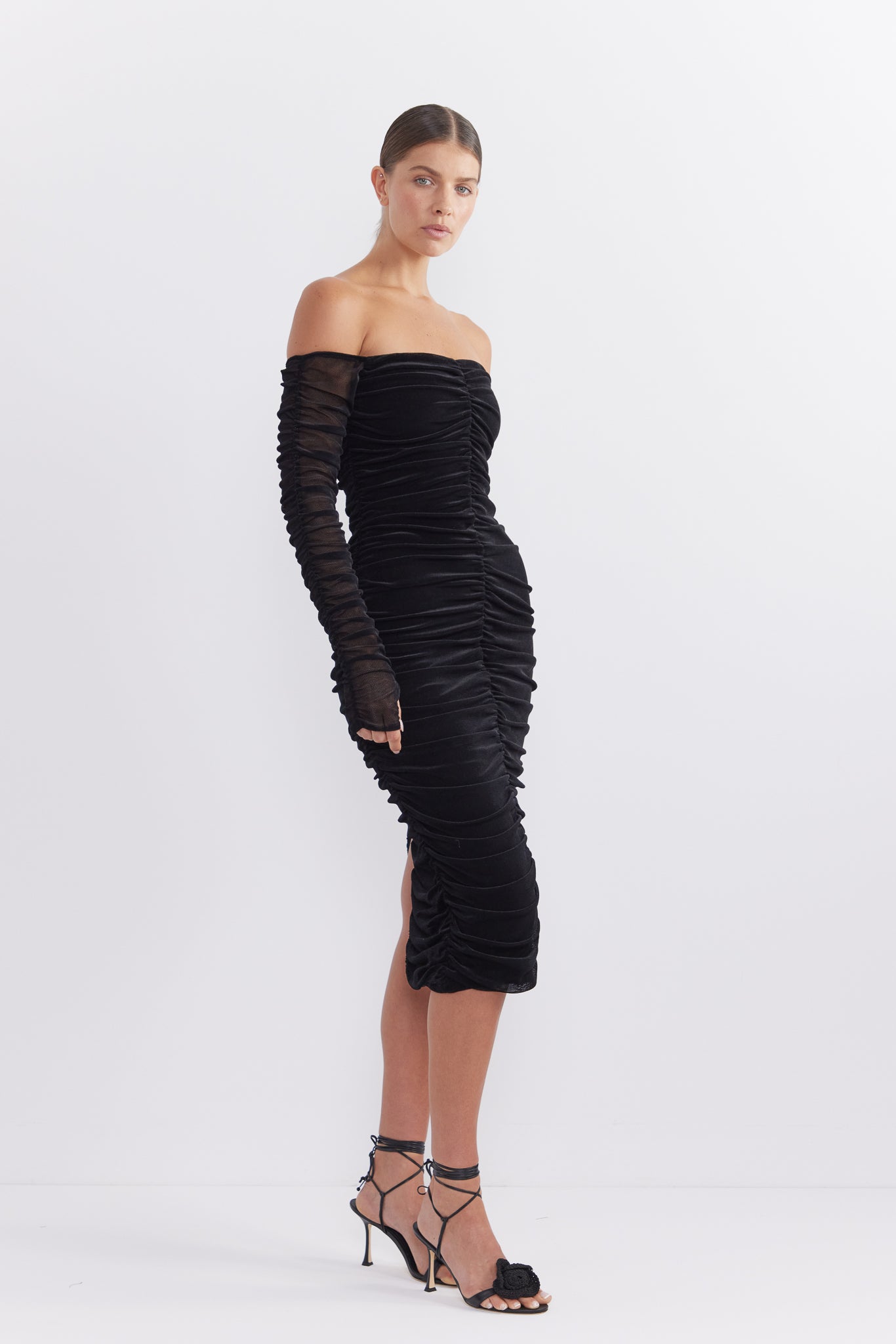 Suki Black Velour Mesh Long Sleeve Off Shoulder Tapered Body-con Midi ...