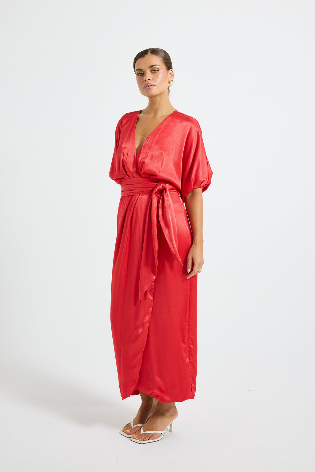 Quinn Wrap Midi – Poppy Red Satin Christmas Party Dress – PASDUCHAS