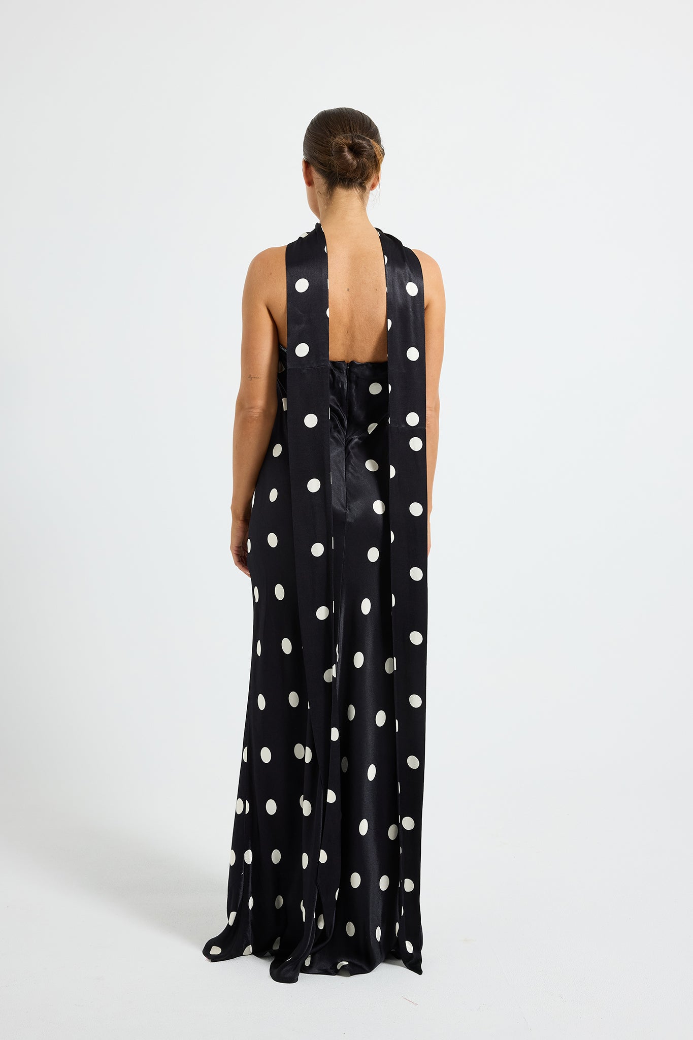 Spottie Strapless Maxi - Strapless Satin Polka Dot Print Formal Maxi ...